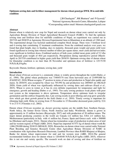Pdf Optimum Sowing Date And Fertilizer Management For Durum Wheat Genotype Dwk 38 In Mid Hills