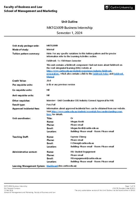 Mktg3009 Business Internship Semester 1 2024 Miri Sarawak Campus Int