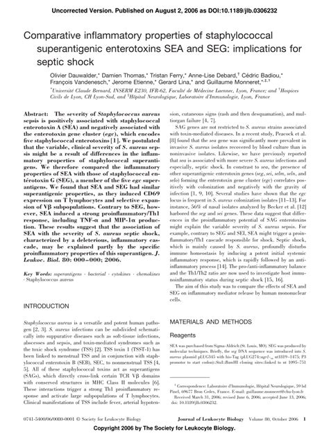 Pdf Comparative Inflammatory Properties Of Staphylococcal Superantigenic Enterotoxins Sea And