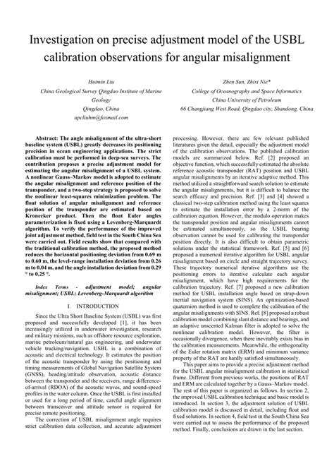 Pdf Investigation On Precise Adjustment Model Of The Usbl Calibration