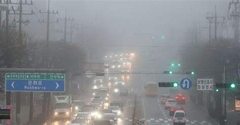 짙은 안개에 전조등 켠 차량들