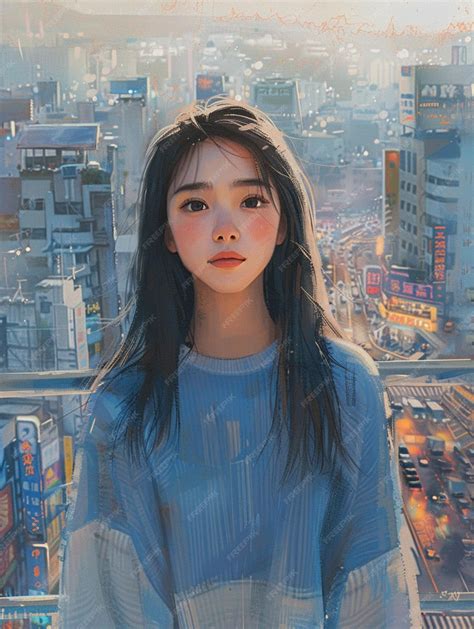 Premium Photo Anime Girl With Long Black Hair Standing On A Balcony Overlooking A City