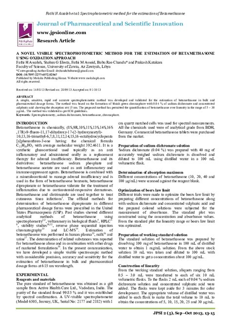 Pdf A Novel Visible Spectrophotometric Method For The Estimation Of Betamethasone Using