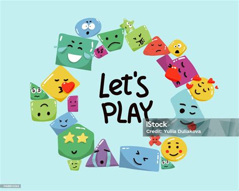 얼굴 감정 다른 만화 기본 인물을 가진 기하학적 캐릭터 모양 귀여운 다채로운 모양 트렌디한 색상 손으로 그린 질감 어린이 교육을 위한 벡터 삽화 0명에 대한 스톡 벡터 아트