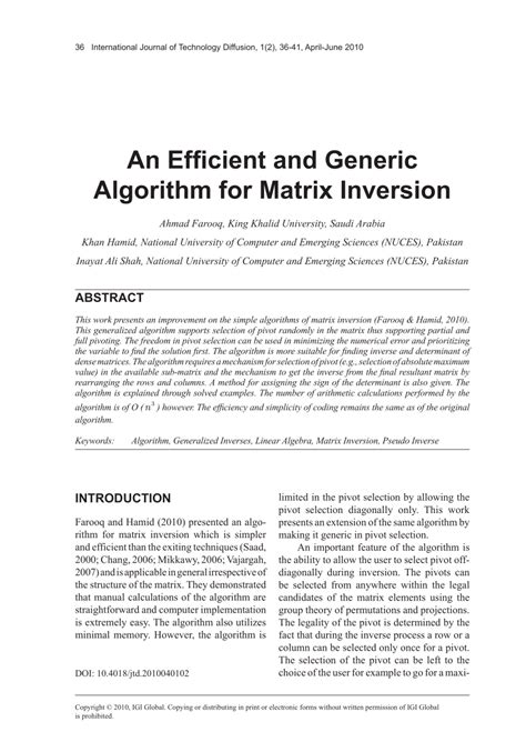 Pdf An Efficient And Generic Algorithm For Matrix Inversion