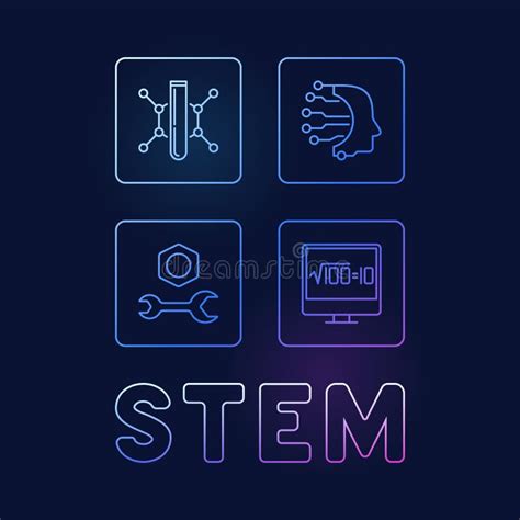 Stem Science Line Concept Colored Square Banner With 4 Signs Science Technology Engineering