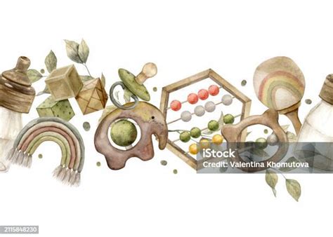 아기 물건 젖병 딸랑이 젖꼭지 지폐 큐브 및 녹지의 수채화 끝없는 구성 아이들의 인테리어 카드 스티커 직물 디자인에 대 한 고립 된 손으로 그린 그림 0명에 대한 스톡 벡터
