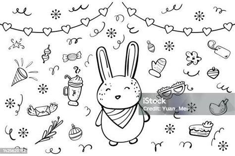 토끼와 크리스마스 장식 만화 스타일의 물 낙서 파티 색칠 공부 책 12월에 대한 스톡 벡터 아트 및 기타 이미지 12월 가면 무도회 갈란드 장식품 Istock