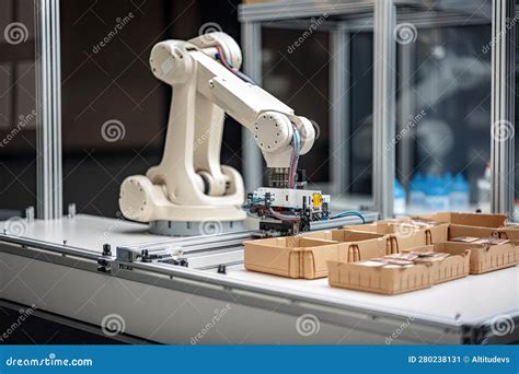 Packaging And Sorting Robot With Its Arm Moving In Sync To Pack Products For Shipment Stock
