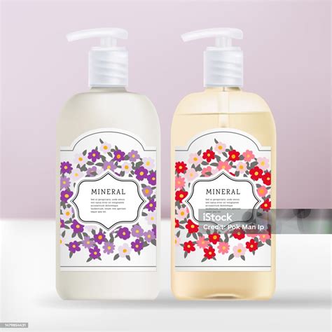 벡터 착색 불투명 또는 투명 플라스틱 스프레이 펌프 또는 혈청 병 패키지 꽃 인쇄 포장 라벨 세트 투명한 흰색 캡 3차원 형태에 대한 스톡 벡터 아트 및 기타 이미지