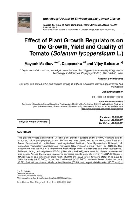 Pdf Effect Of Plant Growth Regulators On The Growth Yield And Quality Of Tomato Solanum