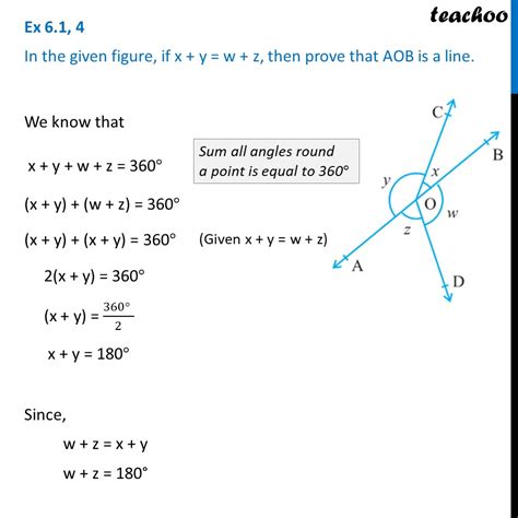 Ex 6 1 4 In Figure If X Y W Z Then Prove Aob Is Line