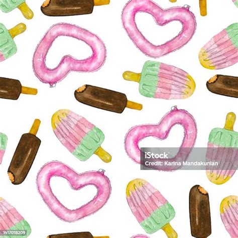 수채화 손으로 그린 수영장 패턴 초콜릿 아이스크림 육즙이 많은 아이스크림 문지르는 반지 여름 물건 음식 배경 건강한 생활방식에 대한 스톡 벡터 아트 및 기타 이미지 Istock