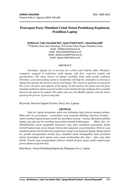 Pdf Penerapan Fuzzy Mamdani Untuk Sistem Pendukung Keputusan Pemilihan Laptop