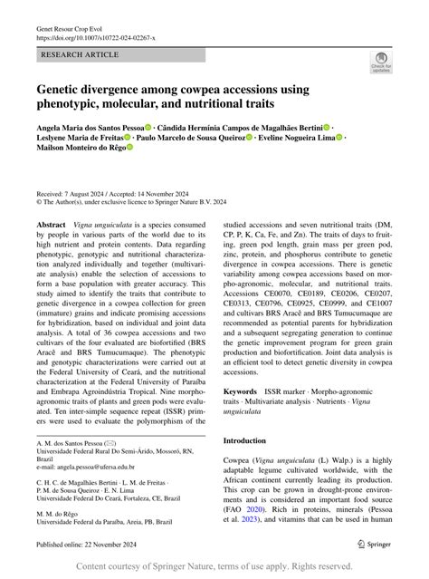 Genetic Divergence Among Cowpea Accessions Using Phenotypic Molecular And Nutritional Traits