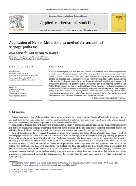 Pdf Application Of Nelder Mead Simplex Method For Unconfined Seepage