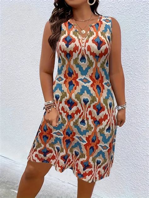 Plus Size All Over Print Tank Dress Casual V Neck Sleeveless Dress For