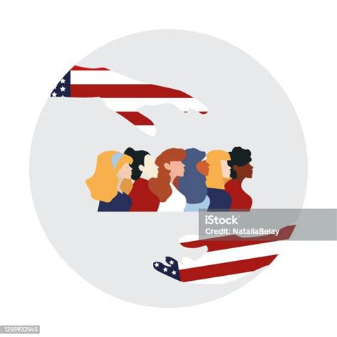 다른 국적의 여성 아시아 아프리카계 미국인 유럽미국 국기에서 그들의 손으로 보호 여성의 달 바닥의 평등 페미니즘 International Womens Day에 대한 스톡