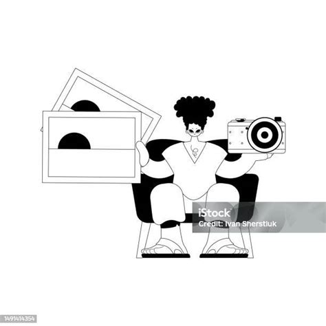 그 사람은 사진과 카메라를 들고 있습니다 관광 포인트 희미하고 하얀 선의 장인 정신 트렌디한 스타일 벡터 일러스트레이션 가정용