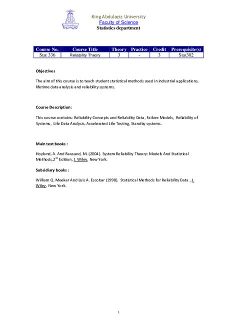 Pdf This Course Contains Reliability Concepts And Reliability Data