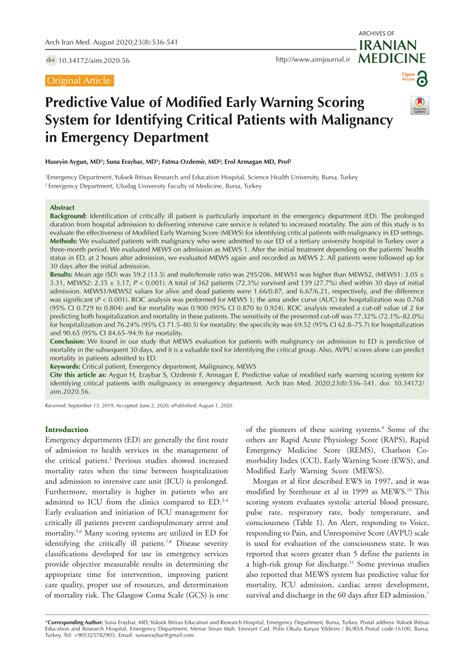 Pdf Predictive Value Of Modified Early Warning Scoring System For