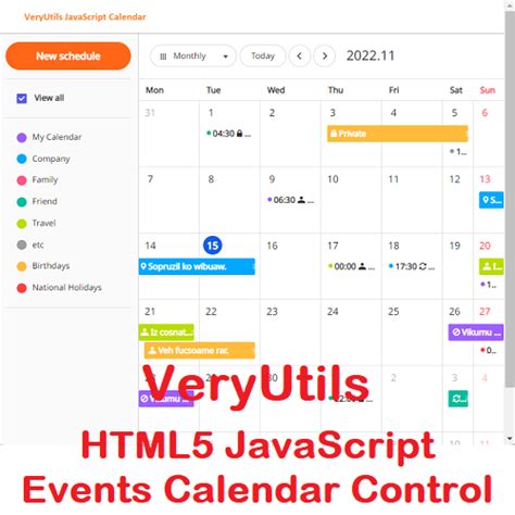 Veryutils Html5 Javascript Events Calendar Control Is Also An Events Schedule And Event Calendar