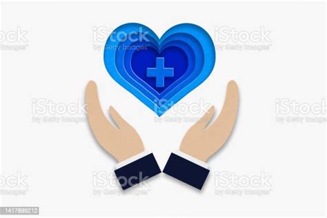 파란 심장 종이 컷 3d 일러스트레이션 건강 보험 웰빙 웰빙 개념을위한 그런 지 배경에 사업가의 손 위에 플러스 내부 플러스 개념에 대한 스톡 사진 및 기타 이미지 Istock