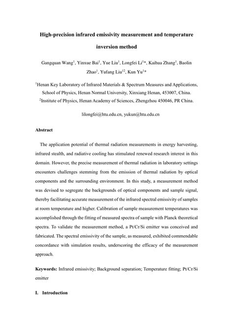 Pdf High Precision Infrared Emissivity Measurement And Temperature Inversion Method