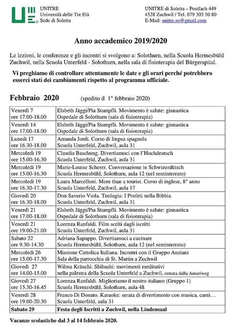 Calendario Febbraio 2020 2 Unitre Svizzera Insieme Per La Cultura