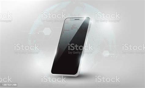 미래 기술 홀로그램 지구와 글로벌 네트워크 또는 통신 세계 개념 휴대 전화 추상적 배경 벡터 일러스트와 현실적인 스마트 폰 모형