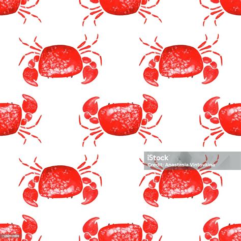엄격한 순서로 흰색 배경에 수채화 붉은 게 매끄러운 패턴 흰색 배경에 밝은 게는 정적 패턴을 만들 섬유 카드를 포장하기위한 바다 배경 화면 손에 대한 스톡 사진 및 기타