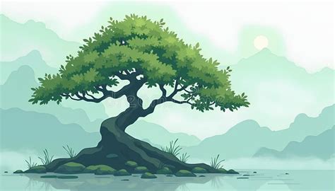 Stylized Artwork Featuring A Single Tree With A Thick Twisting Tr Stock Illustration
