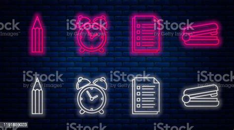 라인 알람 시계 파일 문서 연필 및 사무실 스테이플러를 설정합니다 벽돌 벽에 빛나는 네온 아이콘입니다 벡터 교육에 대한 스톡