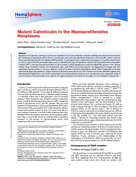 Pdf Mutant Calreticulin In The Myeloproliferative Neoplasms