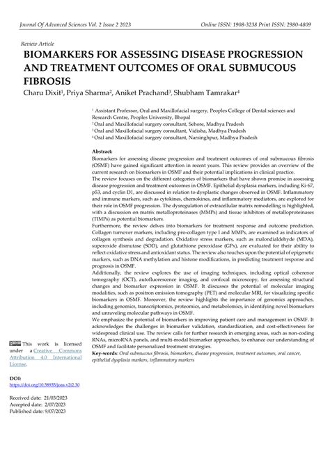Pdf Biomarkers For Assessing Disease Progression And Treatment Outcomes Of Oral Submucous Fibrosis