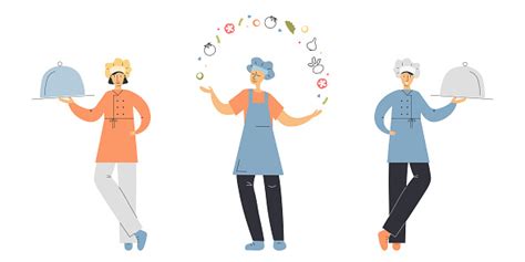 유니폼을 입은 마스터 셰프 세트가 음식을 저글링하고 요리를 시연합니다 전문 직업 직업 미니멀리스트 개념 요리사 캐릭터 레스토랑