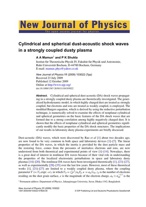 Cylindrical And Spherical Dust Acoustic Shock Waves In A Strongly Coupled Dusty Plasma Request Pdf