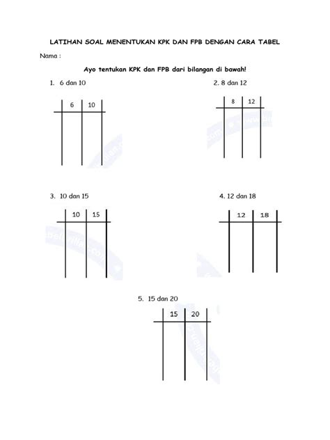 Latihan Soal Menentukan Kpk Dan Fpb Dengan Cara Tabel Pdf