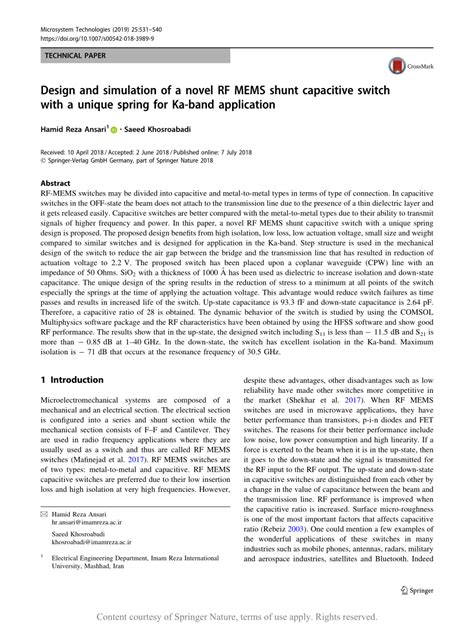 Design And Simulation Of A Novel Rf Mems Shunt Capacitive Switch With A Unique Spring For Ka