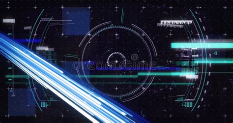 Image Of Lights And White Light Beam Over Circular Scanner Processing Data On Black Background