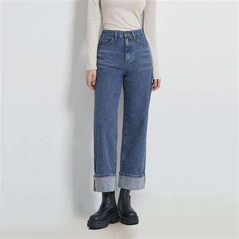 리틀마켓 캣워싱 기모 일자 와이드 롤업 청바지 Pk09b3 데일리캐쥬얼여행크리스마스연말겨울윈터한파템룩