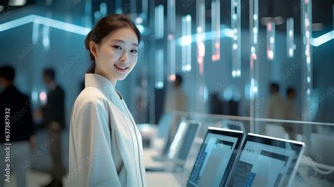 Stockfoto Med Beskrivningen 미래지향적인 최첨단 시설을 갖춘 현대식 백화점에서 근무하고 있는 한국인 여성 직원 Adobe Stock