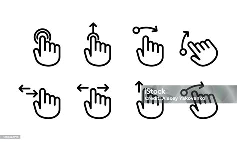 손 커서 터치 스크린 제스처 아이콘 세트 오른쪽으로 스 와이프하여 아이콘 세트를 설정합니다 손 손가락 왼쪽 오른쪽 위로 격리된 흰색 배경의 벡터입니다 Eps 10 상징에