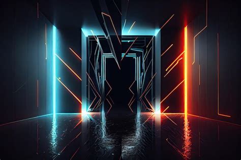 벽에 빛나는 레이저 선이 있는 어둡고 빈 방 안에 설정된 추상 어두운 네온 기하학적 배경의 생성 Ai 그림 네온 빛 반사가 있는 젖은 콘크리트 바닥 프리미엄 사진