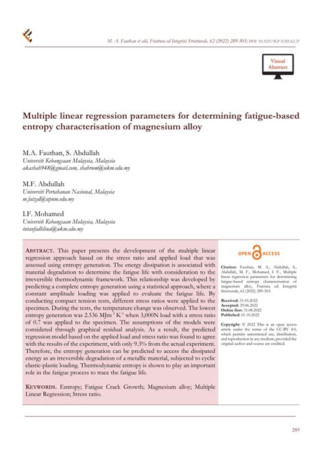 Pdf Multiple Linear Regression Parameters For Determining Fatigue