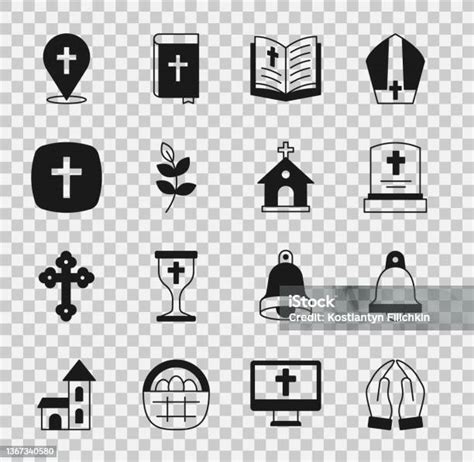 기도 하는 위치에 손을 설정 교회 종 묘비 무덤 성경 책 윌로우 잎 기독교 십자가 위치 교회 건물과 아이콘 벡터 건축에 대한 스톡 벡터 아트 및 기타 이미지 Istock
