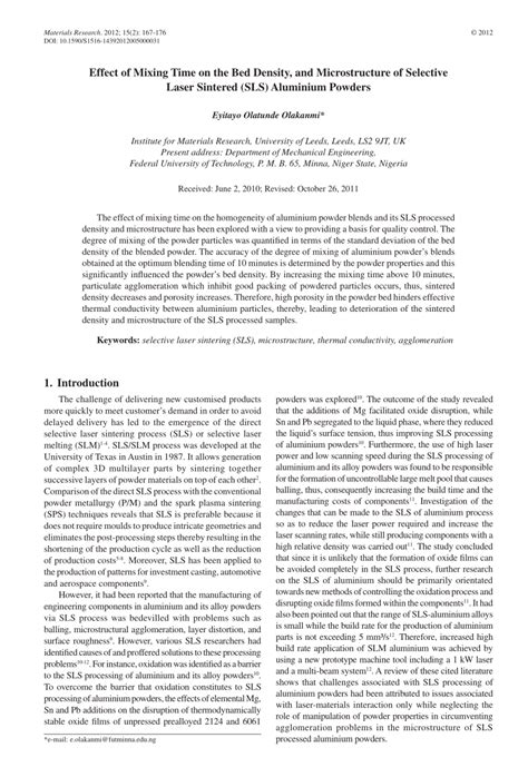 Pdf Effect Of Mixing Time On The Bed Density And Microstructure Of Selective Laser Sintered
