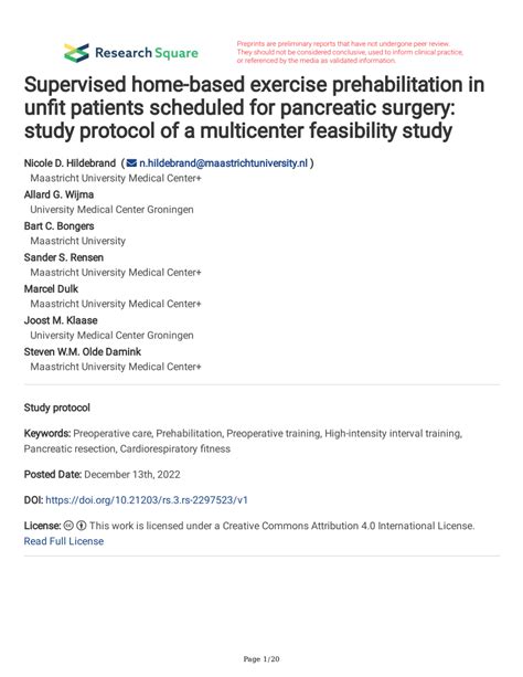 Pdf Supervised Home Based Exercise Prehabilitation In Unfit Patients Scheduled For Pancreatic