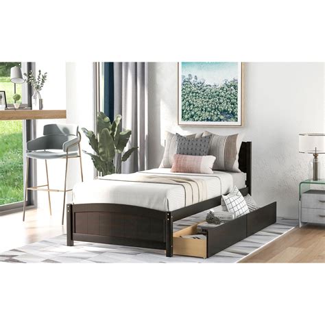 Gray Twin Bed Platform High Quality Pine Bed With Slats For Airflow And Drawers For Space