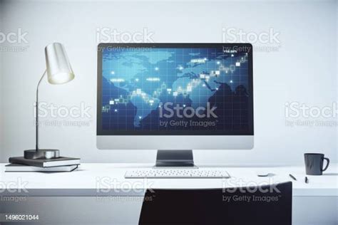 현대 노트북 모니터 외환 및 투자 개념에 세계지도와 추상적 인 창조적 인 금융 그래프 3d 렌더링 0명에 대한 스톡 사진 및 기타 이미지 Istock